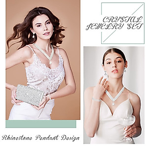 4 Pieces Clutch Purses Bag for Women Evening Rhinestone Jewelry Set Bling Necklace Earrings Bracelets Set for Wedding (Fresh Style)