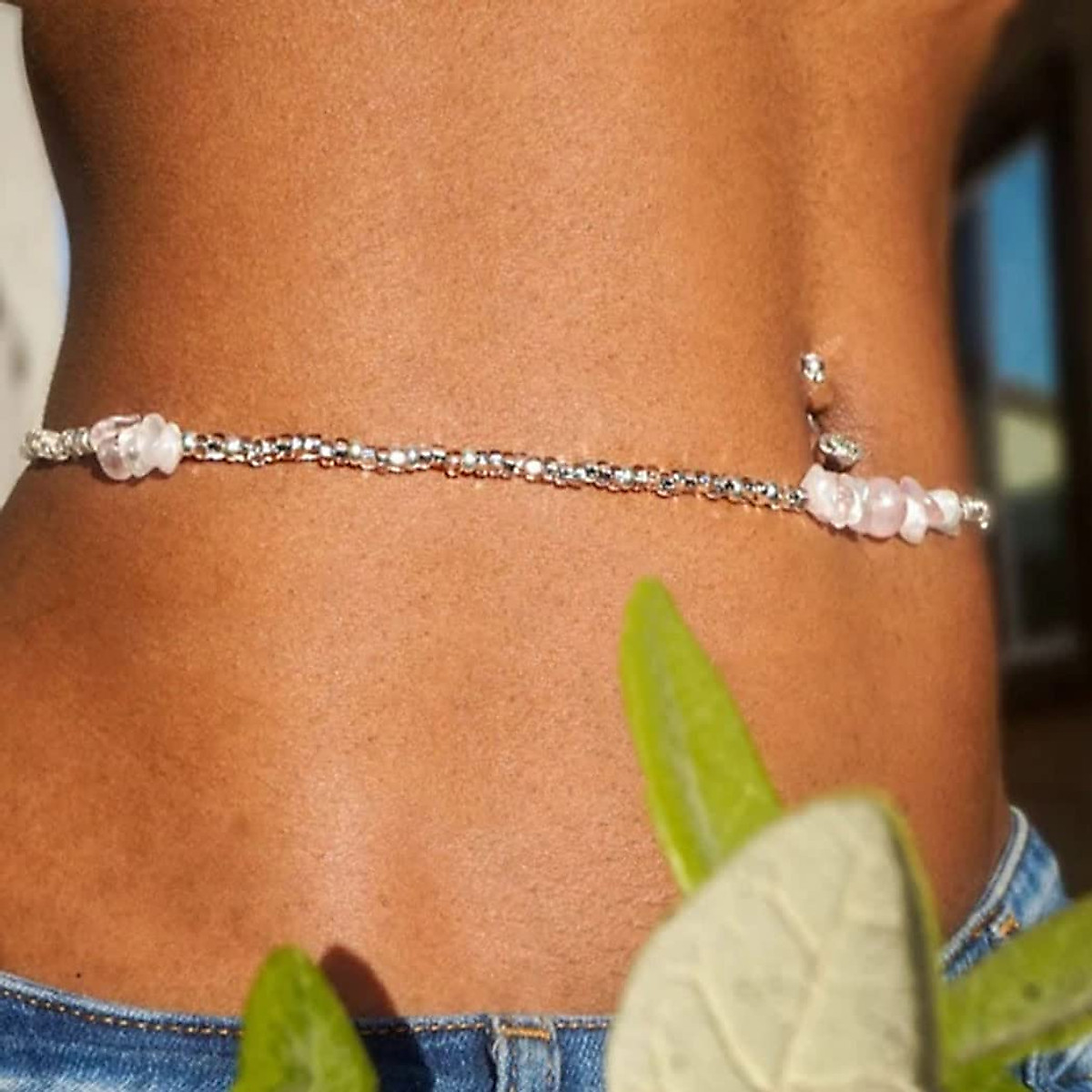 Urieo African Elastic Waist Beads Chain Pink Stretchy Belly Bead Layered Beaded Bikini Beach Party Waist Chains Body Jewelry for Women