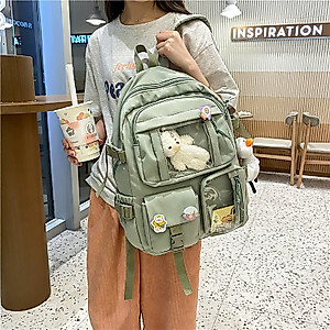 Kawaii Backpack for Girls Cute Aesthetic Backpack with Cute Plush Keychain Badge Pins for Teen Girls School Gift