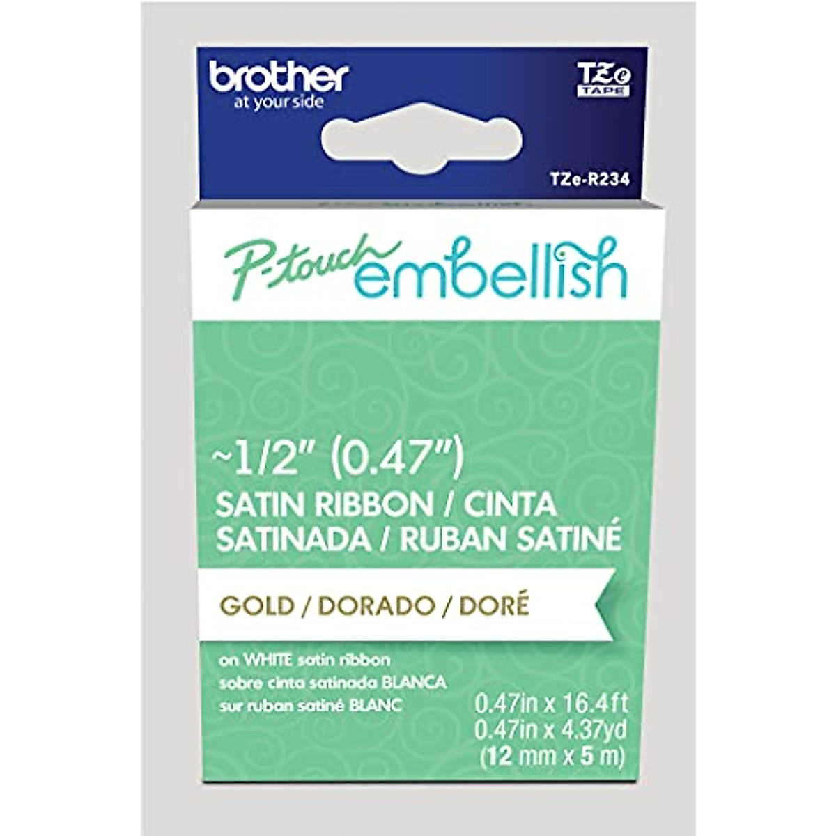 Brother P-touch Embellish Gold Print on White Satin Ribbon TZER234 – ~½” Wide x ~13.1’ Long for use with P-touch Embellish Ribbon & Tape Printer