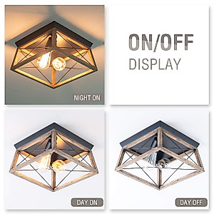 VILUXY Retro Industrial Rectangle Flush Mount Ceiling Light Fixture with Wood Shade for Hallway, Entryway, Passway, Dining Room, Bedroom, Balcony Living Room Two-Light