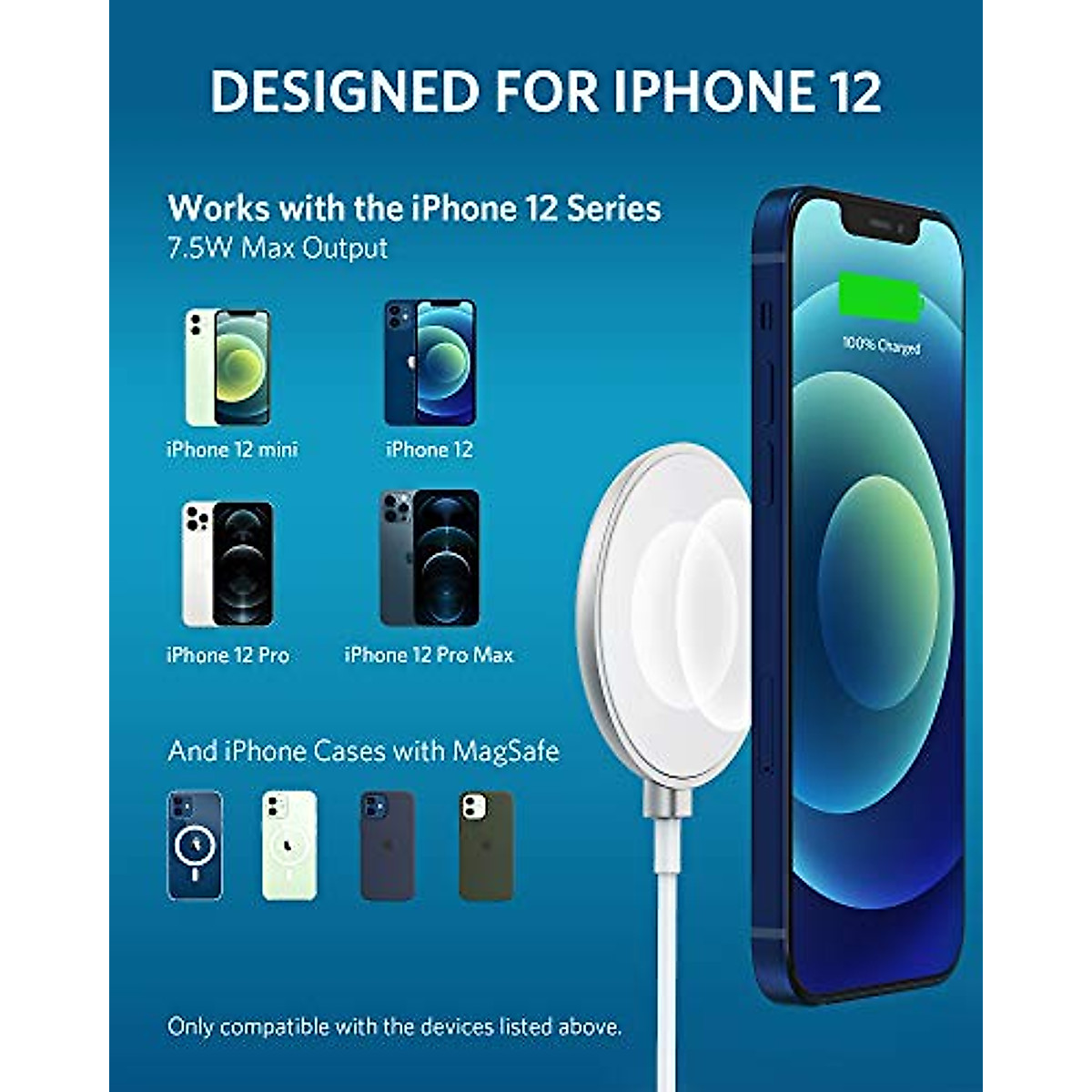 Magnetic Wireless Charger, Anker Wireless Charger with 5ft Built in USB-C Cable, PowerWave Magnetic Pad, 7.5W Charging for iPhone 13 / 13 Pro / 13 Pro Max / 13 mini / 12 / 12 Pro (No AC Adapter)