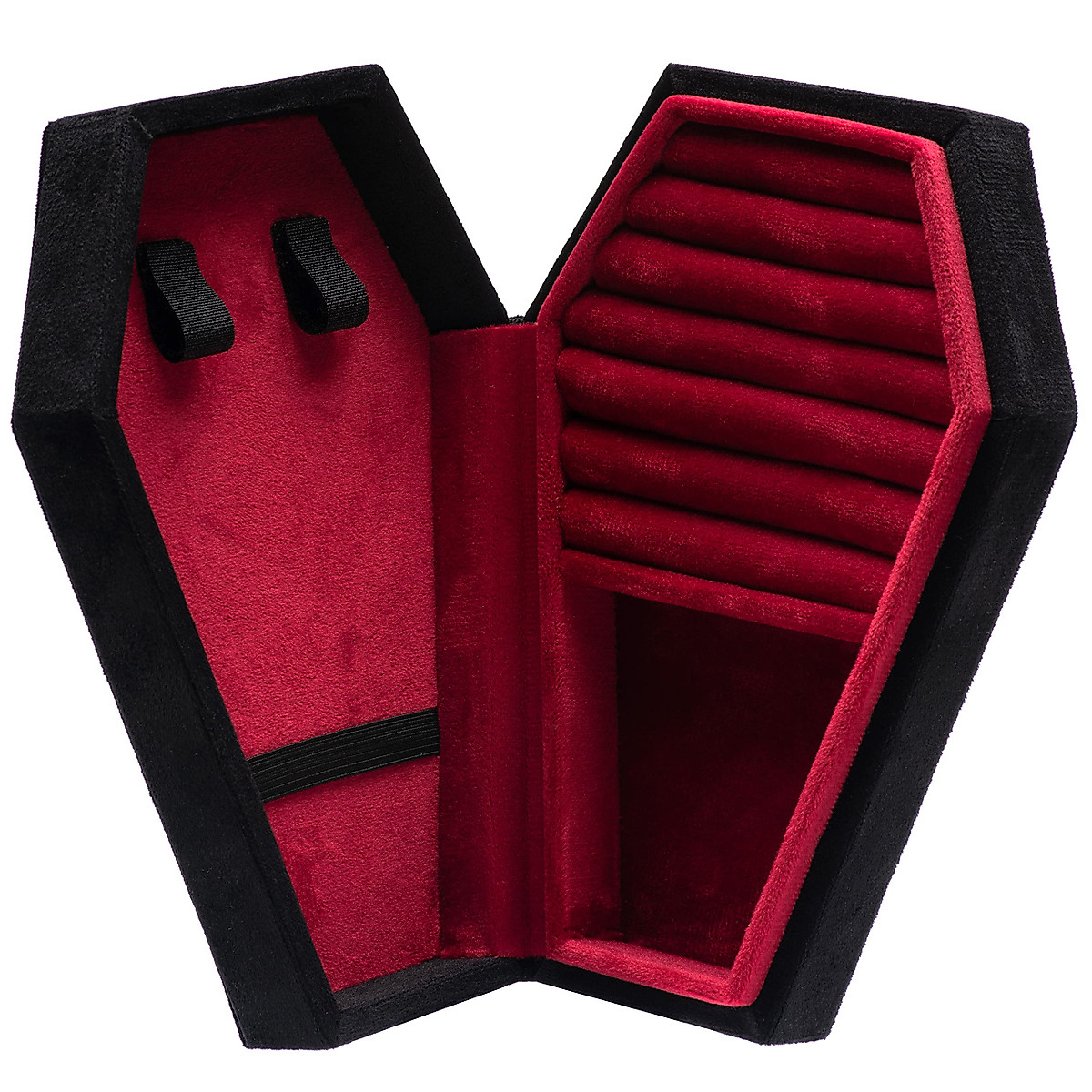Giftop Velvet Coffin Jewelry Travel Case Holder for Gothic Wedding Ceremony,Gothic Jewelry Organizer Decoration (Black and Red)