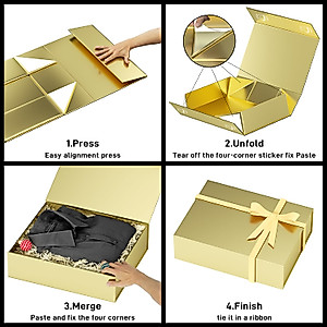 PSHVYM Gift Boxes with Lids, 11.5x7.8x3 In Gold Gift Box for Presents Magnetic Closure for T-Shirts, Gloves, Scarves, Books, Baby Clothes, Robes Clothing Gift Wrap, Contains Card, Ribbon
