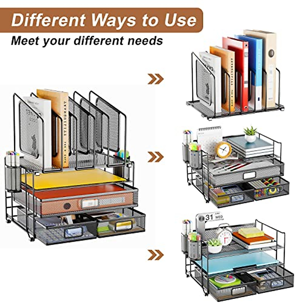 Marbrasse Metal Mesh Desk Organizer with Drawers and File Holders for Home Office