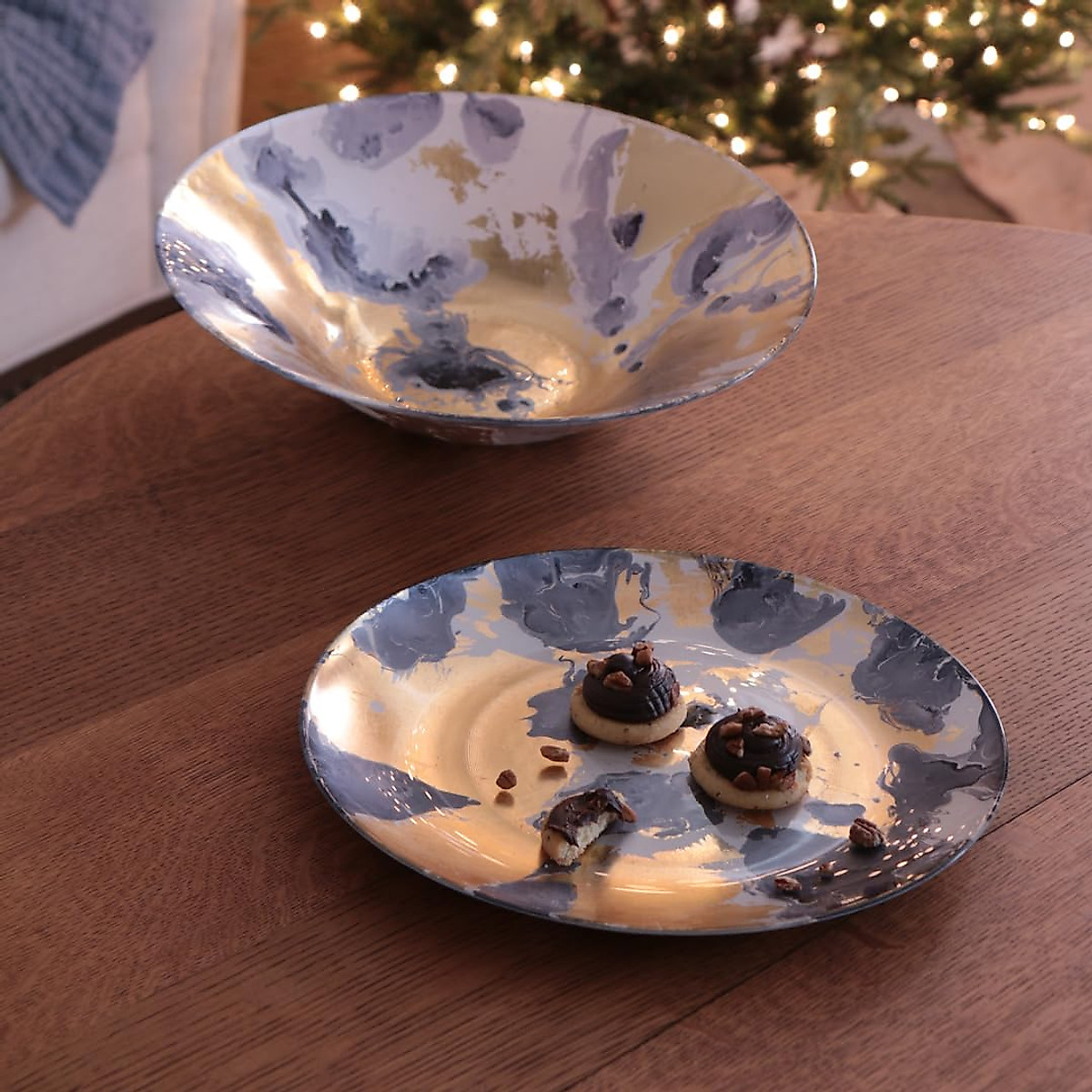 Beatriz Ball GLASS New Orleans Large Round Painted Platter (Blue & Gold)