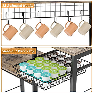 X-cosrack 5-Tier Coffee Bar Rack, Industrial Bakers Rack with Storage Shelves Hooks, Microwave Rack Organizer with Wire Basket Drawer for Kitchen, Coffee Station Pantry, (Rustic Brown)