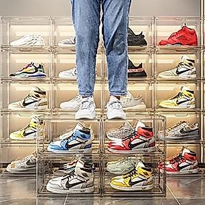 Shoe Storage Boxes Clear Stackable Acrylic Shoe Organizer for Closet, Sneaker Containers Bins Holders Shoe Containers with Lids, Sneaker Hangbag Display Case, Easy Assembly, Set of 3, Fit for Size 14