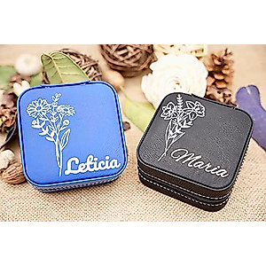 Personalized Leather Jewerly box, Birth Flower Month Customized Leather Jewelry Box with Name, Birthday Gifts for Women, Jewelry Travel Case - Bridesmaids, Graduation gifts (Teal)