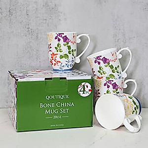 QOUTIQUE Bone China Decorated Coffee Mugs - 20 Ounce - Set of 4, Cups for Latte, Hot Tea, Cappuccino, Mocha, Cocoa, Mug Set, Large Coffee Mug, Surely