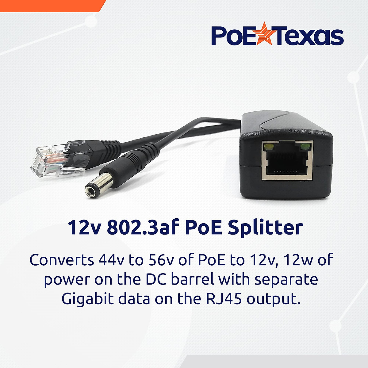 PoE Texas IEEE 802.3af 12v Splitter - Power Over Ethernet Single PoE Splitter 12v 12w Gigabit Data - Active Opto-Isolated Protection for 12 Volt DC Powered Devices, IP Camera, Foscam, Arduino