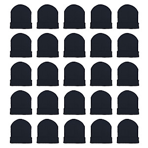 25 Pack Winter Beanie Hats, Unisex Thermal Toboggan Cold Weather Cuffed Caps Bulk Bundle Black