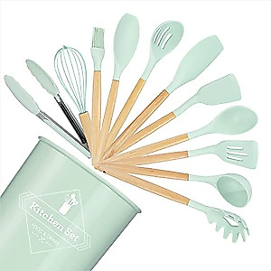 SHUNIKING Kitchen Silicone Utensil Set,12 Pcs Non-Stick Cooking Utensils With Wood Handles,Kitchen Spatula Cookware Set for High Heat Resistant Gadgets (Green) (Kitchenware-1)
