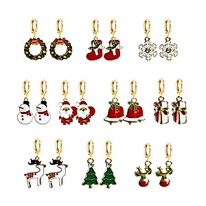 Just Follow 10 Pairs Christmas Hoop Huggie Earrings for Women Christmas Stud Earrings Christmas Trees Bells Snowflakes Earrings for Girls Thanksgiving Xmas Holiday Jewelry (10 Pairs-Gold)