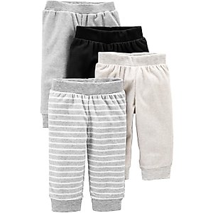 Simple Joys by Carter's Unisex Babies' Fleece Pants, Pack of 4, Black/Ivory/Light Grey/White Stripe, 3-6 Months