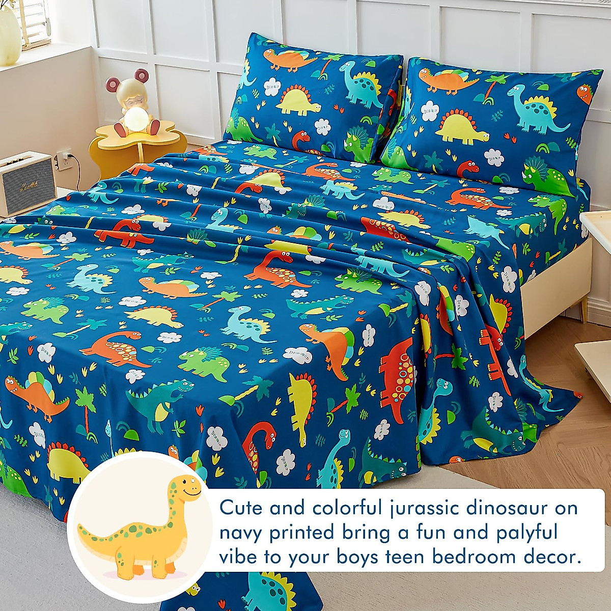 WINLIFE Dinosaur Sheet Set Twin for Boys 3 Piece - Soft Cozy Microfiber Twin Size Kids Sheets - Cartoon Dino Sheets for Twin Bed - Deep Pocket 16 Inches Teen Bed Sheets for Children, Navy