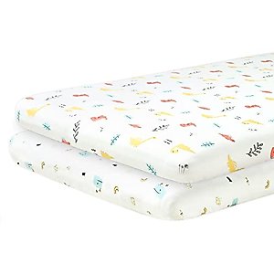POSENPRO 2 Pack Cotton Pack N Play Sheets, Mini Portable Crib Sheets Set Fitted for Pack N Play Mattress Pad and Mini Cribs - Dinosaurs, Rainbows, Clouds & Monsters