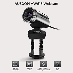 AUSDOM Full HD 1080P Wide Angle View Webcam with Anti-Distortion, AW615 USB Computer Camera,90-Degree FOV, auto Low-Light Correction, Plug and Play for Zoom/Skype/Teams,Conferencing and Video Calling