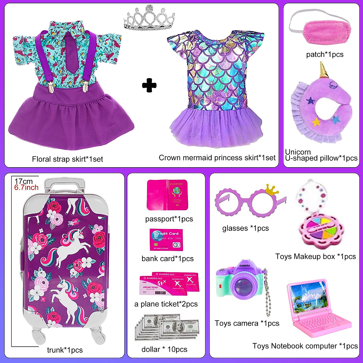 25pc 18 inch Girl Doll Clothes and Accessories Travel Case Luggage School Play Set with Pillow Camera Sunglasses for 18 inch Dolls Travel Storage for Girls (No Doll)