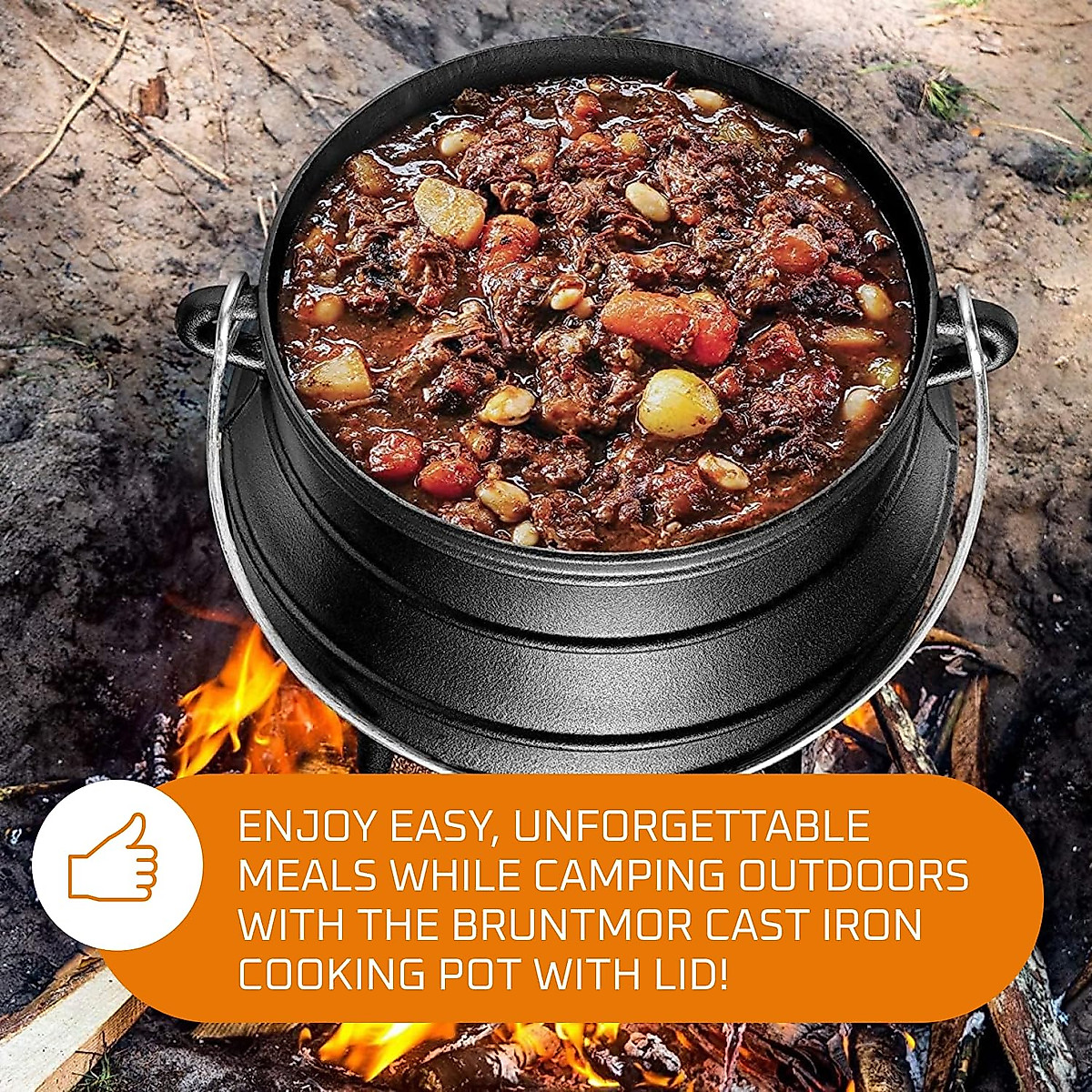 Bruntmor Pre-Seasoned Cast Iron Cauldron - 6 Quart African Potjie Pot with Lid - 3-Legged Dutch Oven for Camping and Over-the-Fire Cooking - Durable Outdoor Cookware for Stews, Chili, and Slow Cooking