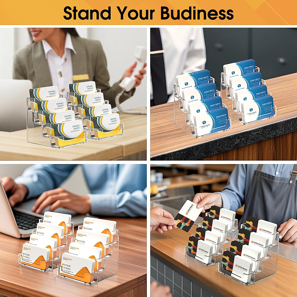 MaxGear Clear Business Card Holder 4 Pocket Business Card Display, Acrylic Business Card Stand for Desk or Counter with 4 Tier, 320 Card Capacity, 2 Pack