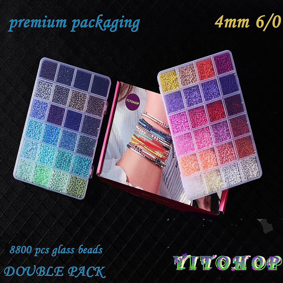 YITOHOP 8800+pcs 4mm 12/0 48 Colors Glass Seed Beads, Charms Bracelet Jewelry Making Beads Kit Gifts for Teen Girls Crafts for Girls Ages 8-12 Christmas Holiday Gifts