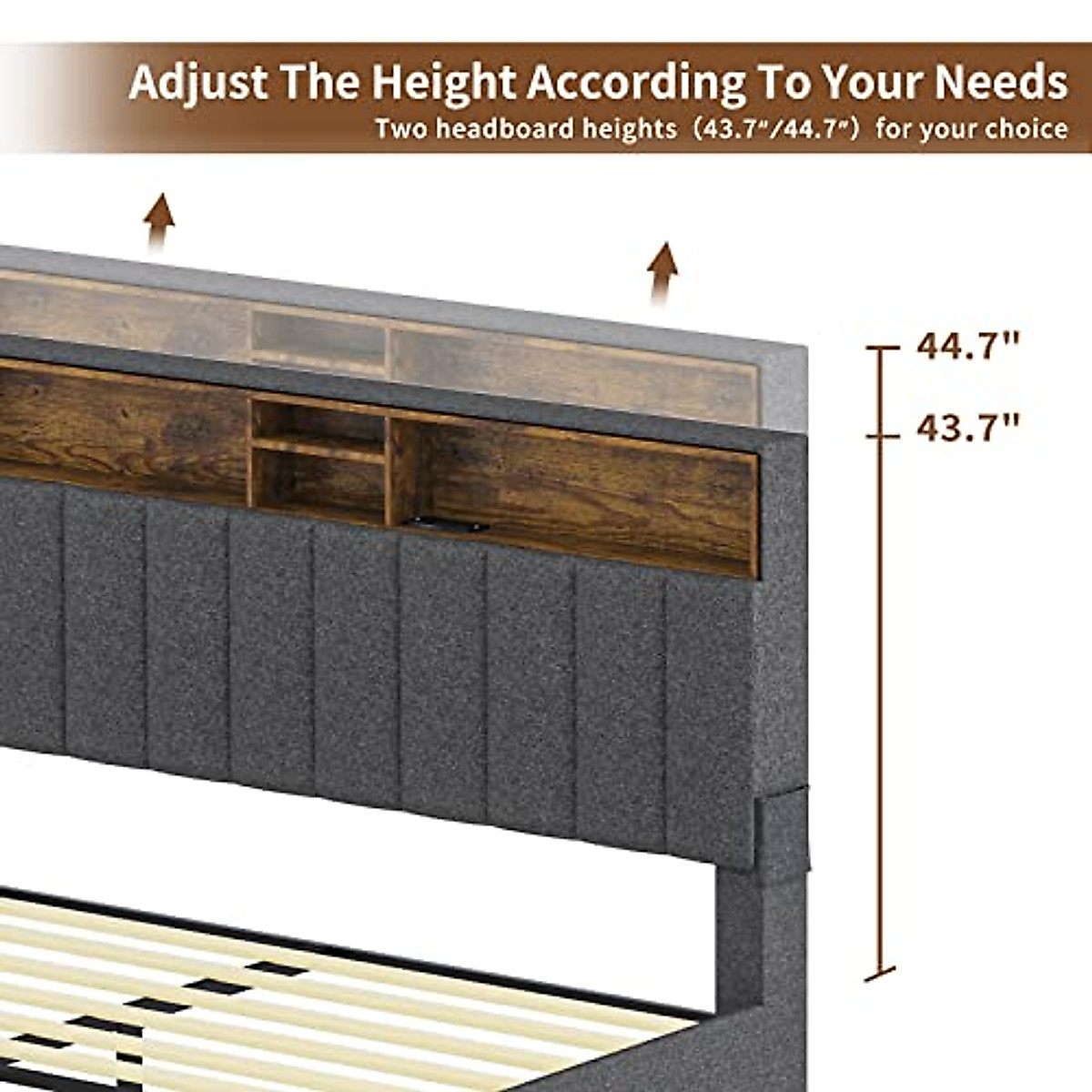 ADORNEVE Queen Bed Frame with Stoarge Headboard, USB Ports & Outlets, Platform Bed Frame Queen Size with Height Adjustable Headboard, Easy Assembly, Noise-Free, Dark Grey