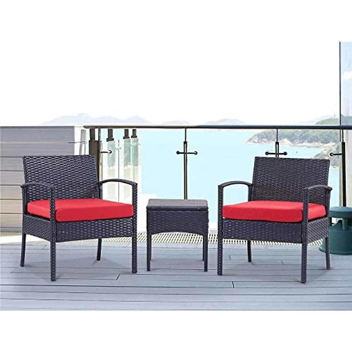 PROHIKER 3 PCS Patio Rattan Conversation Chair Set, 3 PCS Patio Wicker Rattan Furniture Set, Patio Wicker Rattan Table