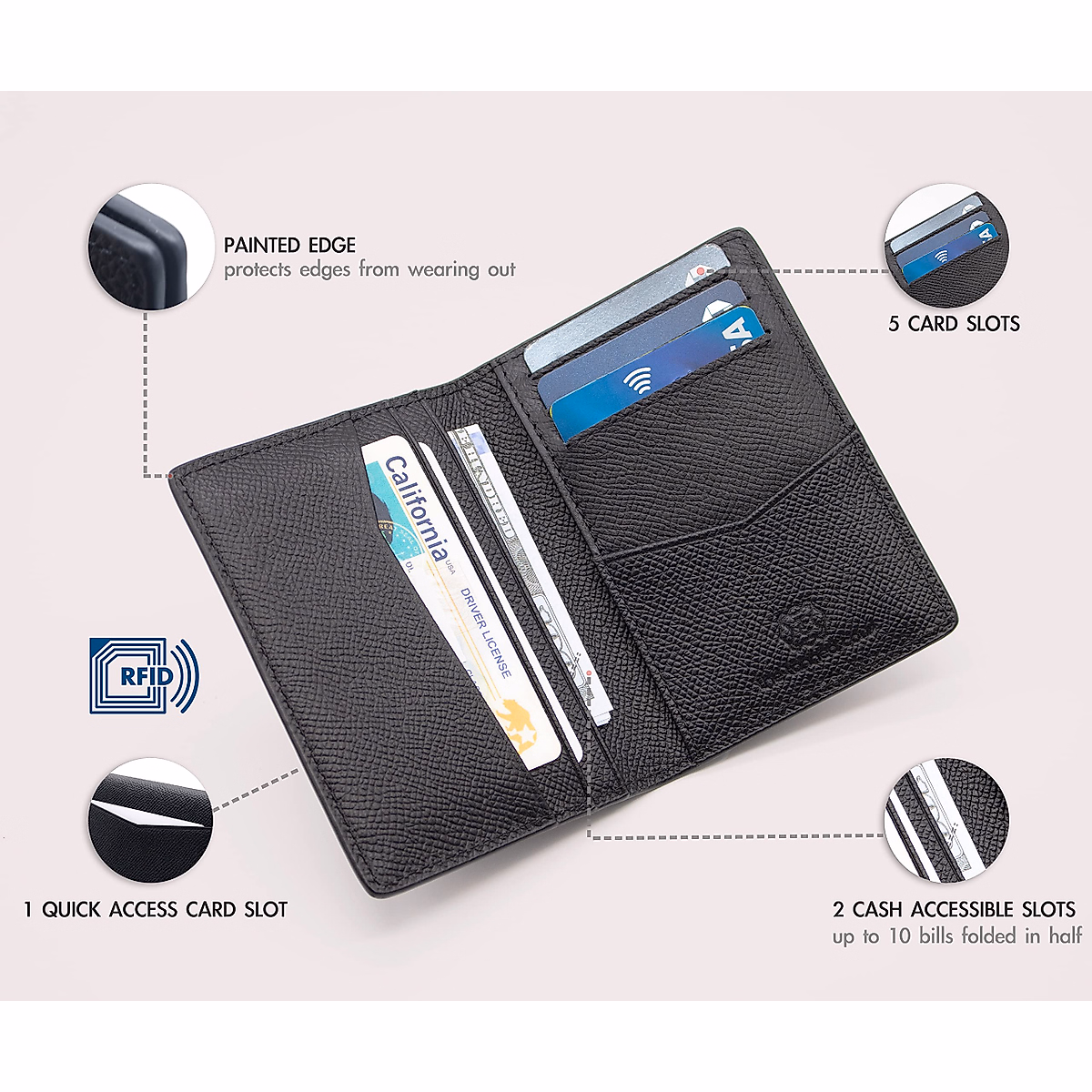 The Tanned Cow Slim Minimalist Wallet for Men Women, Mini Thin Leather Bifold, Front Pocket Credit Card Holder with RFID Blocking, including Gift Box (Black)