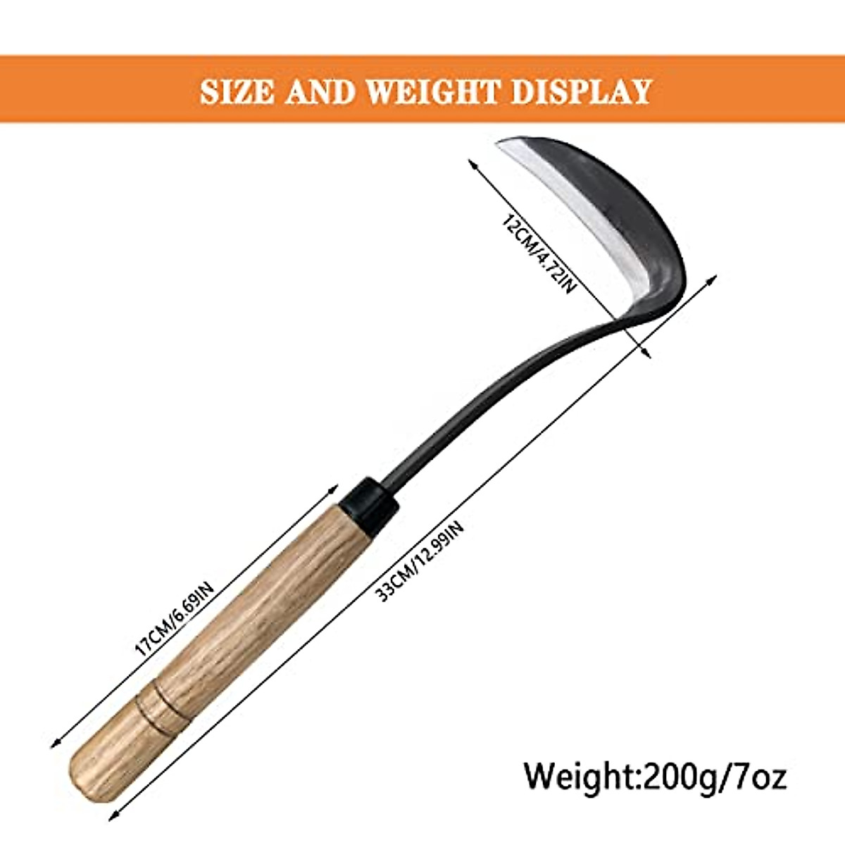 SHANFEEK Japanese Weeding Sickle Hoe Gardening Tools 13-Inch Weed Remover Tool High-Carbon Steel One-Piece Molding with Hard Solid Wood Handle(Snake-Necked)