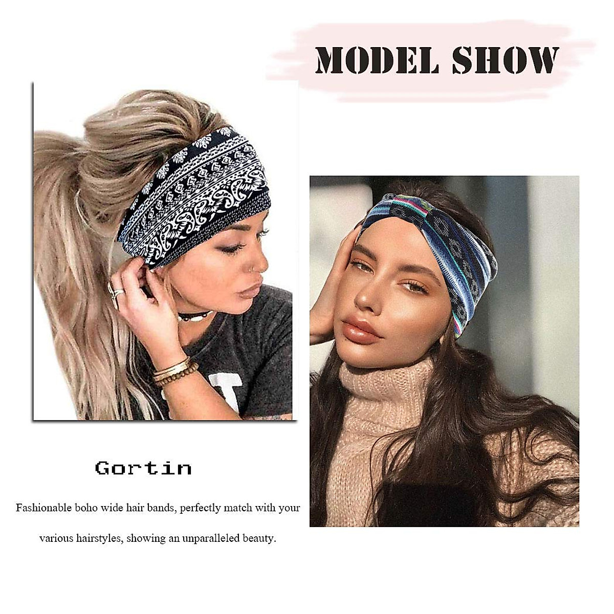 Gortin Boho Headbands Stretch Wide Hair Bands Black Elastic Yoga Sweatband Knoted Turban Headband Cloth Twist Head Wraps Stylish Head Bands for Women and Girls 3 Pcs (Set 1)