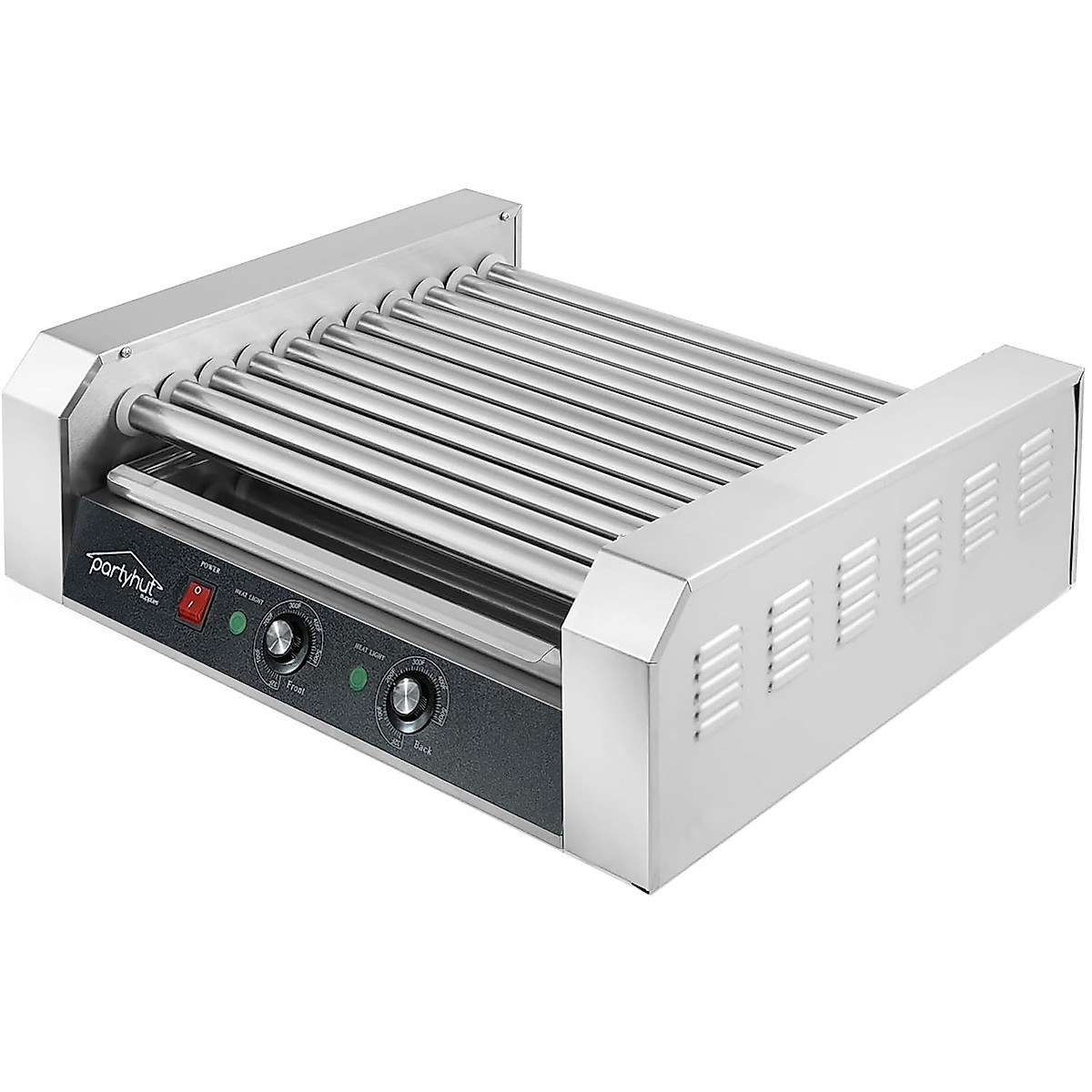 PartyHut 30 Hot Dog Roller Warmer Grill Cooker Machine, Commercial Grade, (11 Non-Stick Rollers, 30 Hot Dog Sausage Grill Cooker, and Removable Stainless Steel Drip Tray)