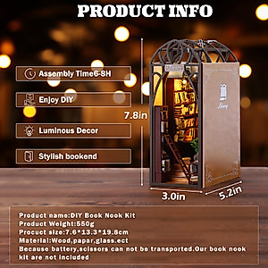 Book Nook Kit, DIY Miniature Dollhouse Booknook Kit, 3D Wooden Puzzle Bookend Bookshelf Insert Decor with LED Light for Adults and Teens, Gifts for Family and Friends (Library)