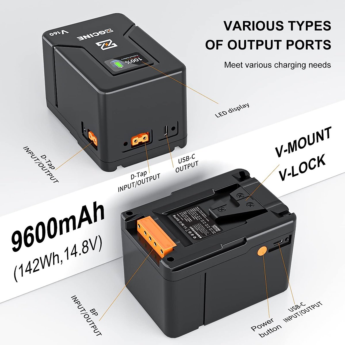 ZGCINE ZG-V160 V Mount V-Lock Battery with D-TAP,USB-C,BP Input & Output, USB-A & DC Output, Mini Power Bank for Cameras, Camcorders, LED Lights, Monitors and Smartphone