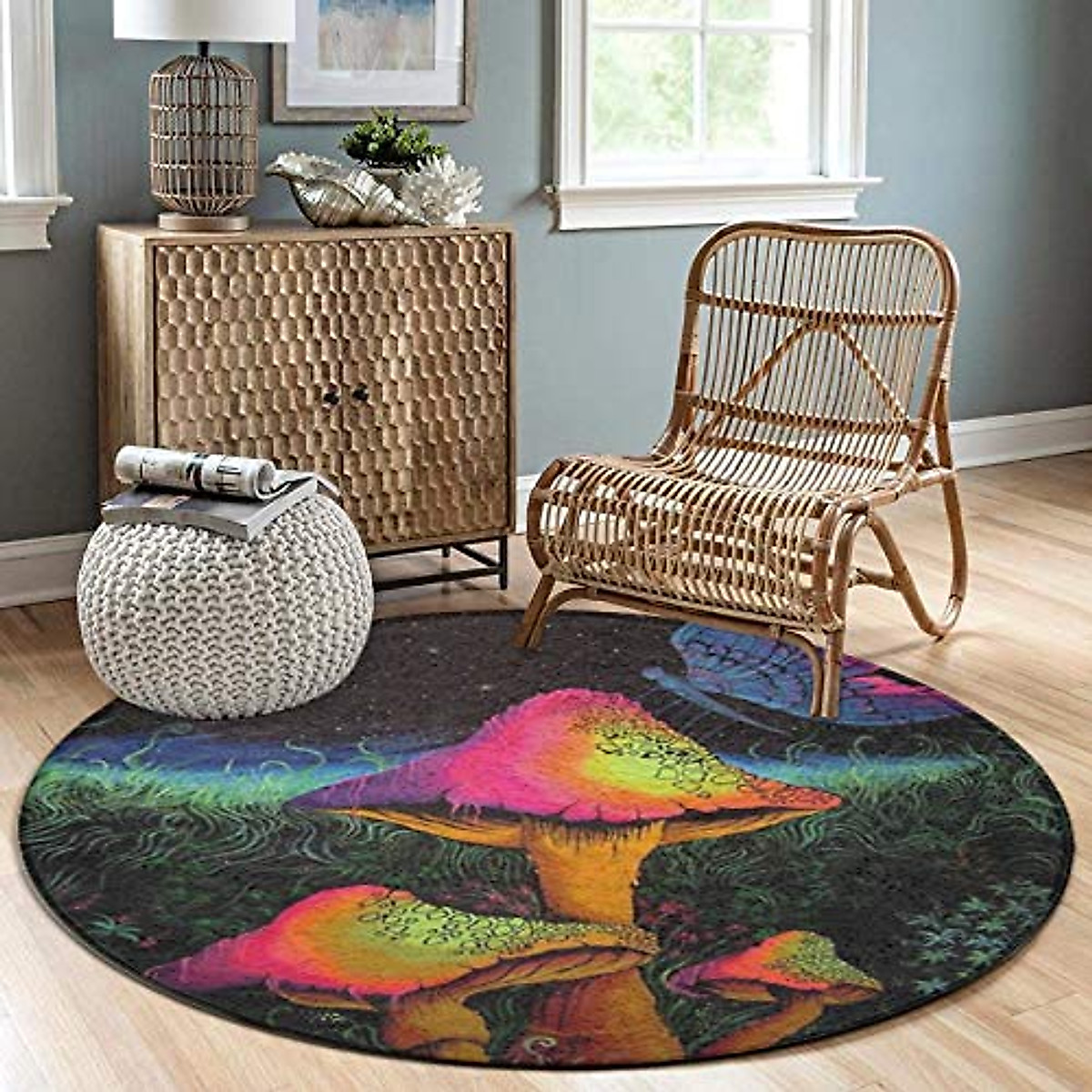 NiYoung Super Soft 36" Diameter Round Area Rug - Wonderland Trippy Mushrooms Non-Slip Doormat Floor Mat Home Decor for Living Room, Home, Bedroom, Absorbent Memory Foam Shaggy Rugs