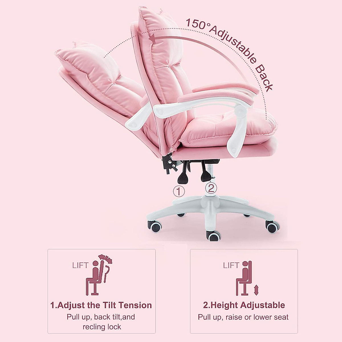Computer Chair, Ergonomic High-Back Computer Desk Chair PU Leather Executive Swivel Adjustable Home Chair with Cotton Headrest for Women (Color : Beige)