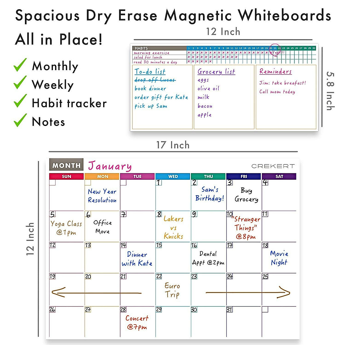 CREKERT Magnetic Calendar Whiteboard for Fridge Dry Erase Whiteboard Set of 3 for Kitchen Refrigerator Monthly Weekly Family Planning Whiteboard with 6 Magnets 4 Markers 1 Eraser (Gift Box)