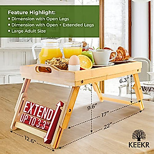 KEEKR Bed Tray with Adjustable Height for Eating - Portable Food Table for Serving Breakfast in Bed - Dining Caddy with Locking Legs, Carrying Handles, 100% Made of Bamboo