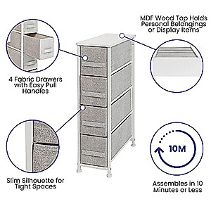 Flash Furniture 4 Drawer Slim Wood Top White Cast Iron Frame Dresser Storage Tower with Light Gray Easy Pull Fabric Drawers