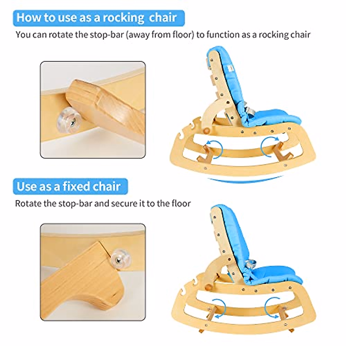 MallBest 3-in-1 Baby Bouncer Adjustable Wooden Rocker Chair Recliner with Removable Cushion and Seat Belt for Infant to Toddler (Blue)