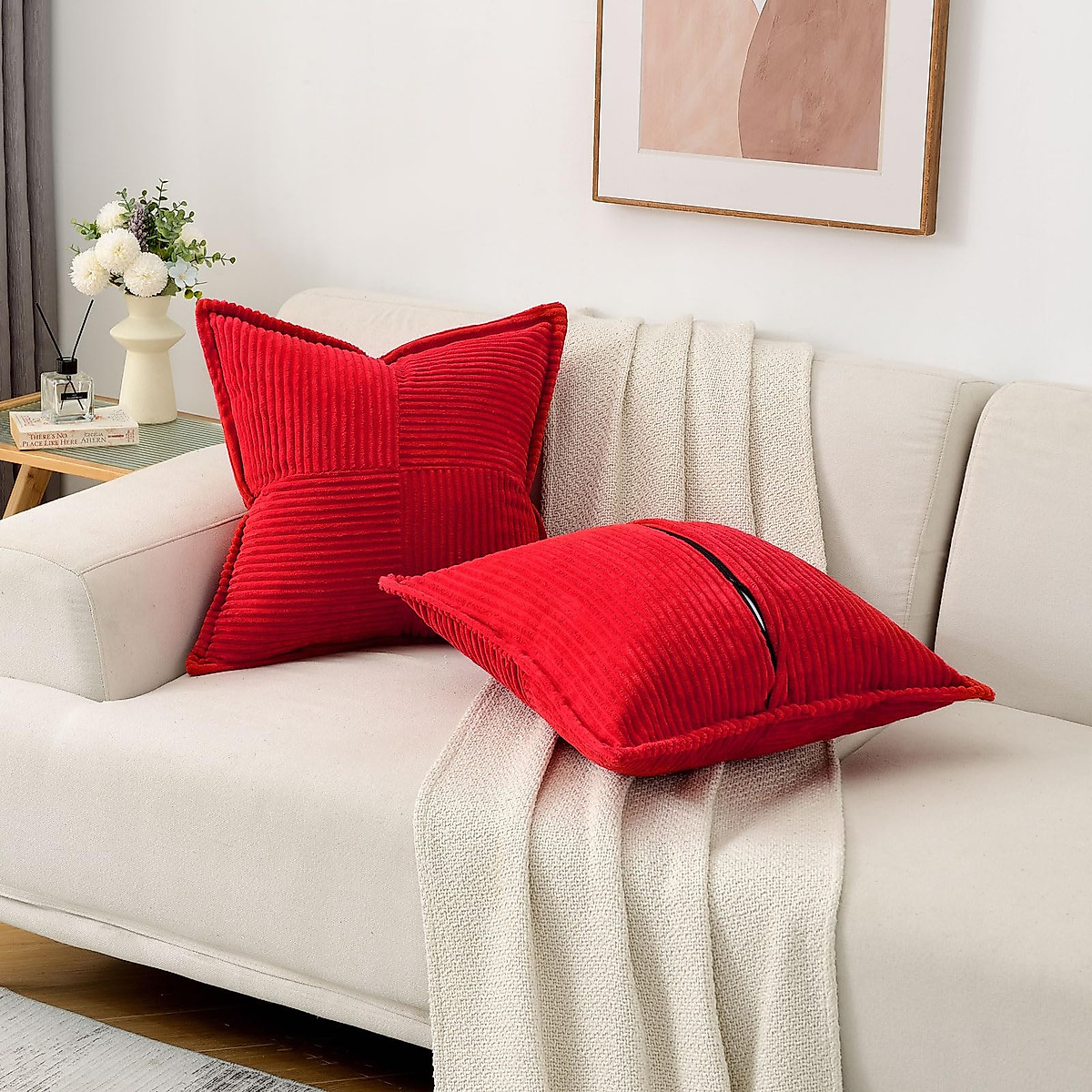 HAUSSY Red Large Decorative Throw Pillow Covers 26x26 Inch Set of 2,Soft Solid Corduroy Striped Cushion Case,Square Euro Pillow Shams,Winter Home Decorations for Couch,Bed