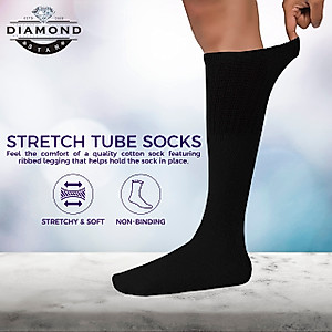 Diamond Star Men's 6 Pack Athletic Tube Socks Running Sports Over The Calf Cushioned Premium Soft Cotton Big and Tall (Black)
