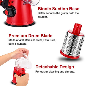 Geedel Rotary Cheese Grater, Kitchen Mandoline Vegetable Slicer with 3 Interchangeable Blades, Easy to Clean Rotary Grater Slicer for Fruit, Vegetables, Nuts