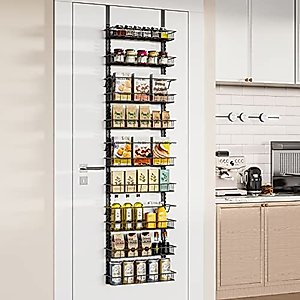 Churboro Over the Door Pantry Organizer Rack with 9 Adjustable Baskets, 9 Tiers Dual-use Spice Rack- Hanging or Wall Mount Spice Rack, Pantry Door Organizer, Black