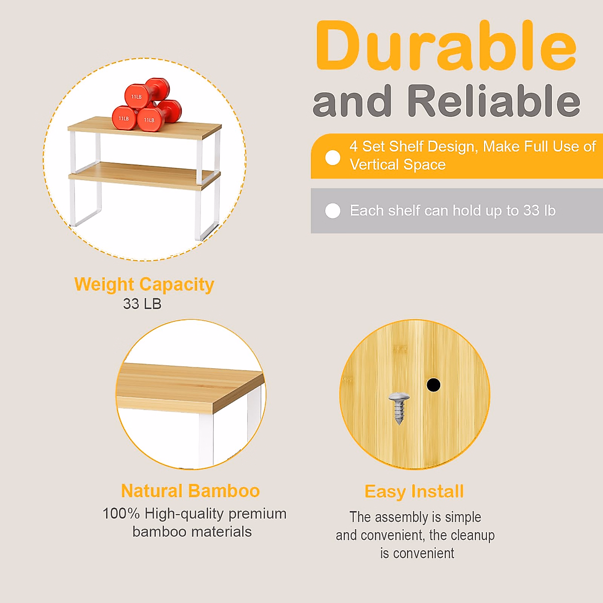 OGEMXU Cabinet Shelf Organizers, 15.7 inches Large Kitchen Counter Shelf, Set of 4 Wood Kitchen Pantry Organizer, Storage Shelves for Countertop, Spice Rack, Stackable, Expandable, Metal White, Nature