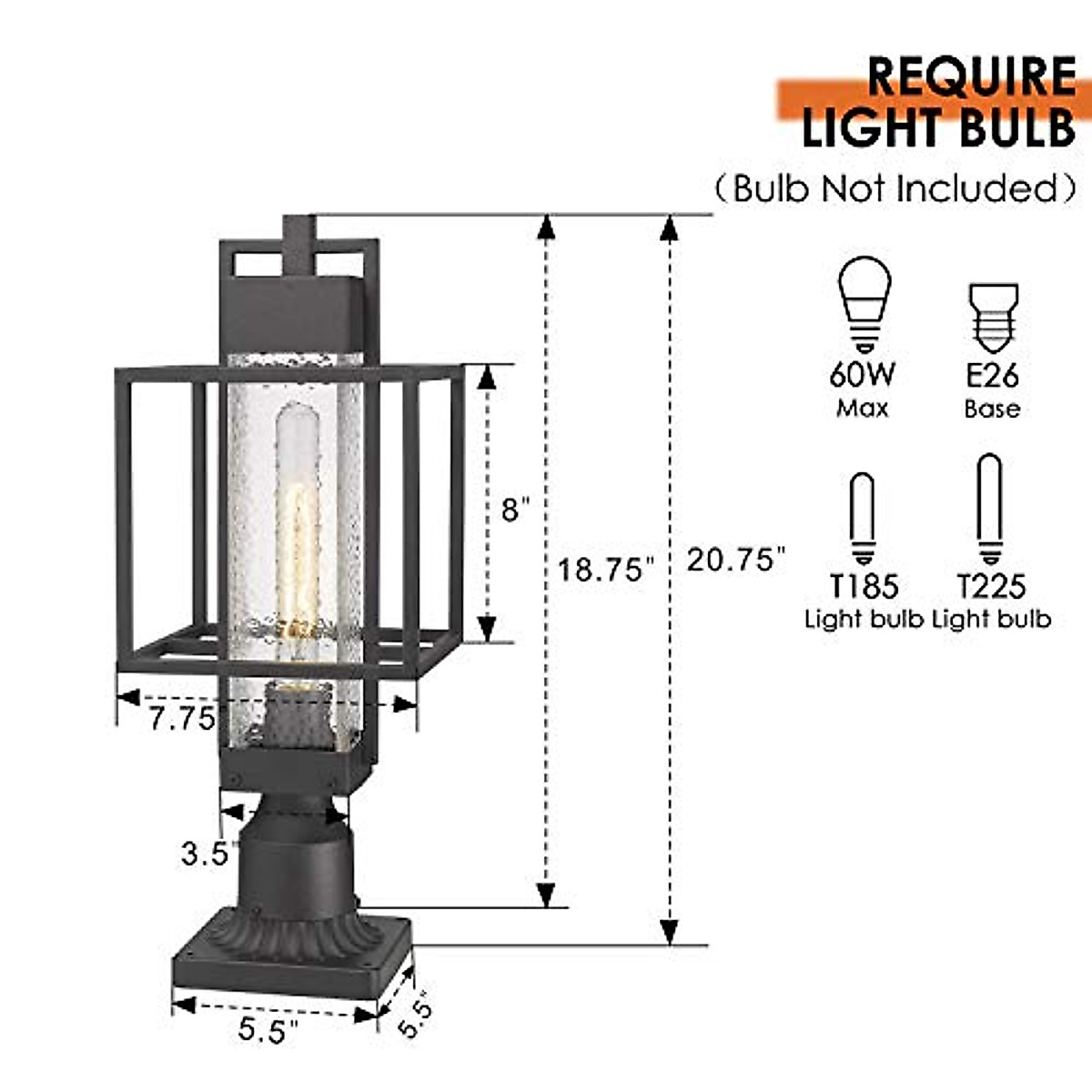 Osimir Outdoor Post Light Fixture, 1-Light Exterior Post Lantern with Pier Mount Base, Pier Light with Bubble Glass Shade Black Finish, Outdoor Light for Patio, Porch, Yard, Garden 2375/1GL
