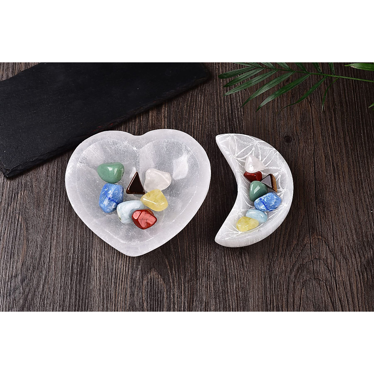 AMOYSTONE Selenite Charging Bowl 4” Crescent Moon Stone Bowl Engraving Pattern Flower of Life, for Jewelry, Home Decoration