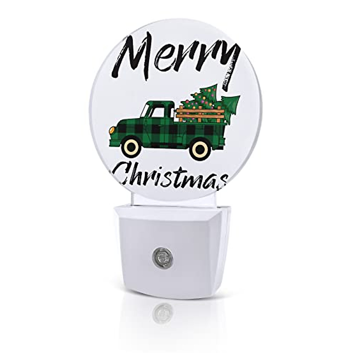 Merry Christmas Truck Night Lights Plug into Wall, Xmas Tree Green Auto Round LED Lights with Dusk to Dawn Sensor for Bedroom, Bathroom, Hallway, Kitchen, Kids, Home Decor