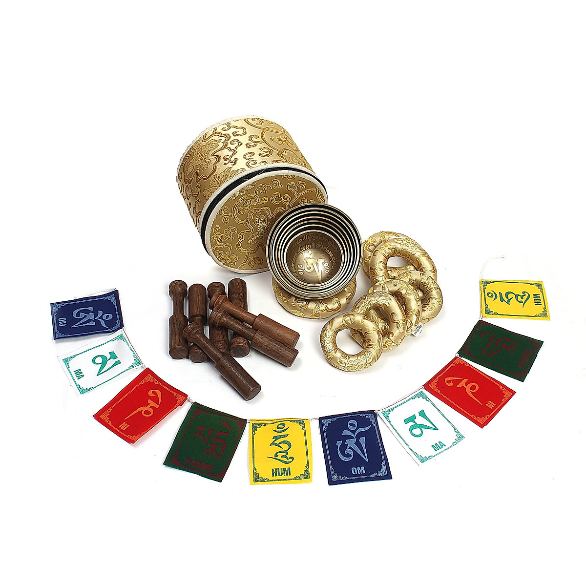ESK GROUP Tibetan Singing Bowl Set of 7, 3”- 5.2” Om Mane Padme Hum Singing Bowl, Himalayan Singing Bowl, Handmade, w/ silk cushions, 7 sticks, Flag and Silk Brocade Box, ESK-06