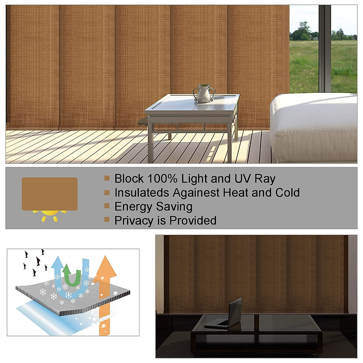 LETAU Cordless Track Blinds Slidding Panels, 100% Blackout Made to Order Vertical Blinds for Slidding Doors, Large Windows, Open Spaces and Room Dividers, Light Brown